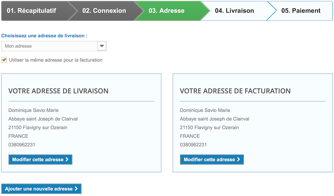 Adresse de facturation et adresse de livraison - Boutique religieuse